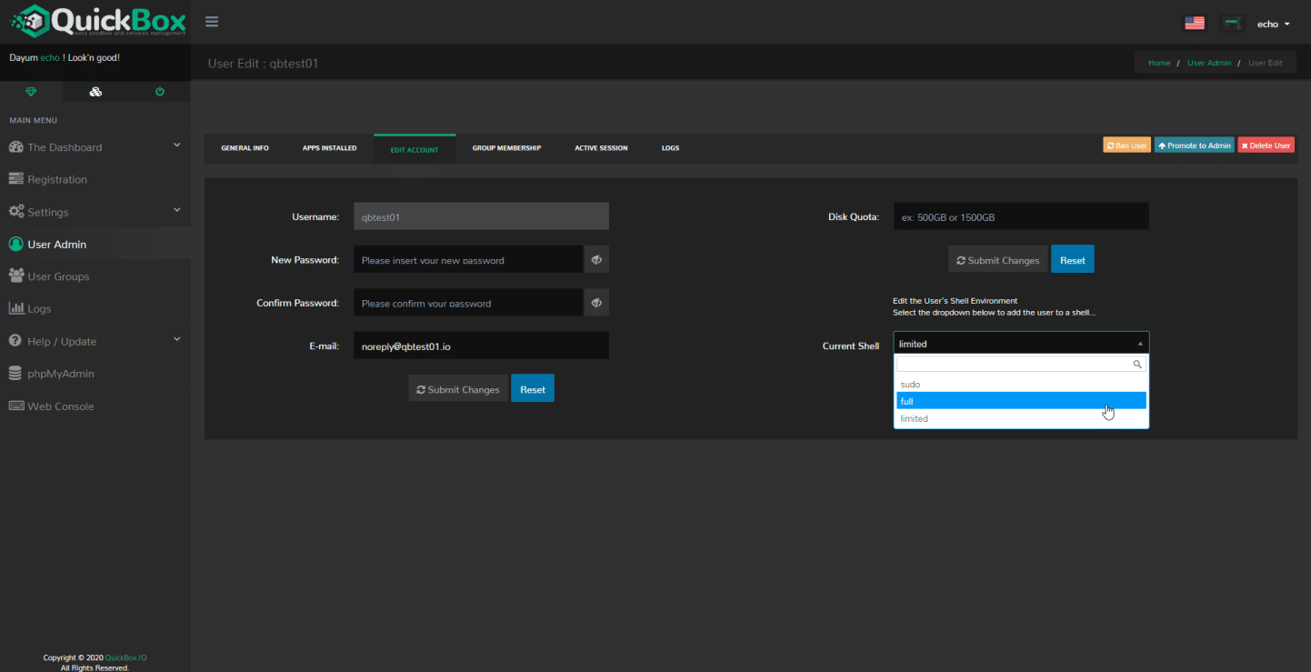 How To Swap A Users Shell On The Users Edit Page Quickboxio